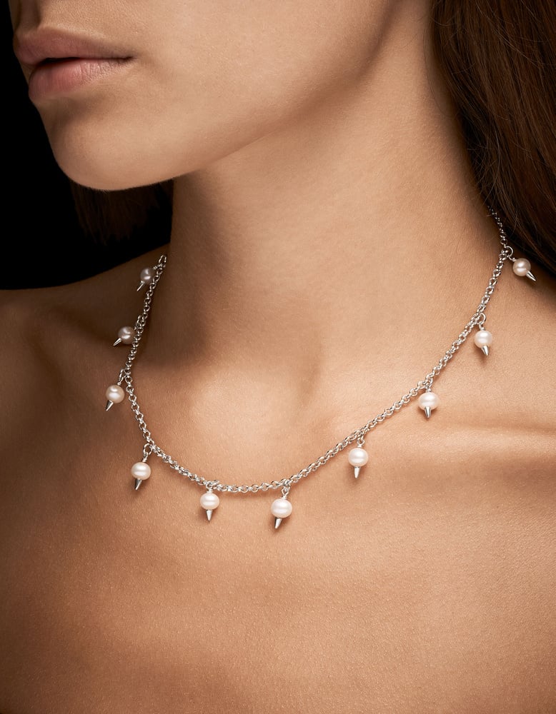 Pierced Pearl Necklace - 925 Sterling Silver Elegance | Maria Nilsdotter